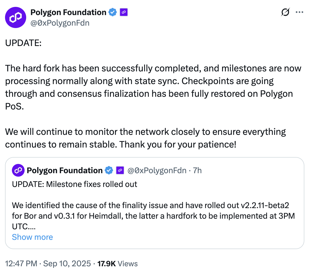Polygon fixes RPC node bug, consensus returns to normal