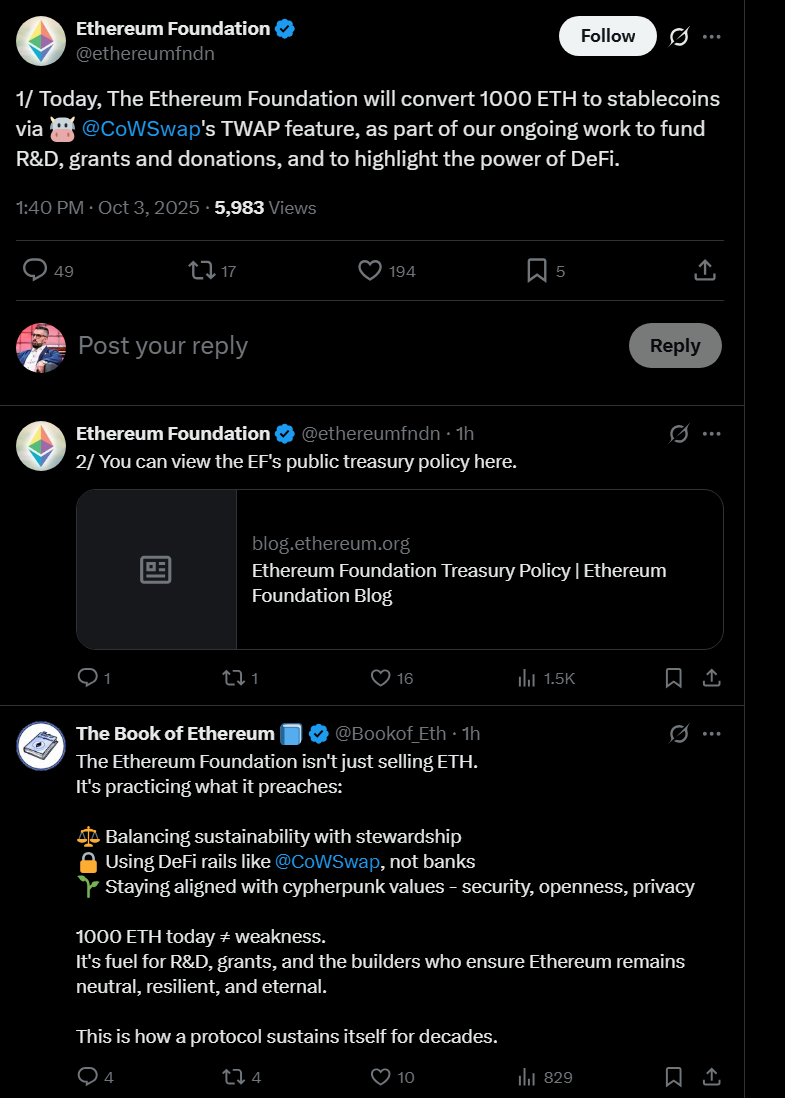 Ethereum Foundation May Convert 1,000 ETH to Stablecoins via CoW Swap to Support Research ...