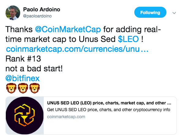 Bitfinex LEO token comes out of nowhere to take the 13th spot on CMC ...